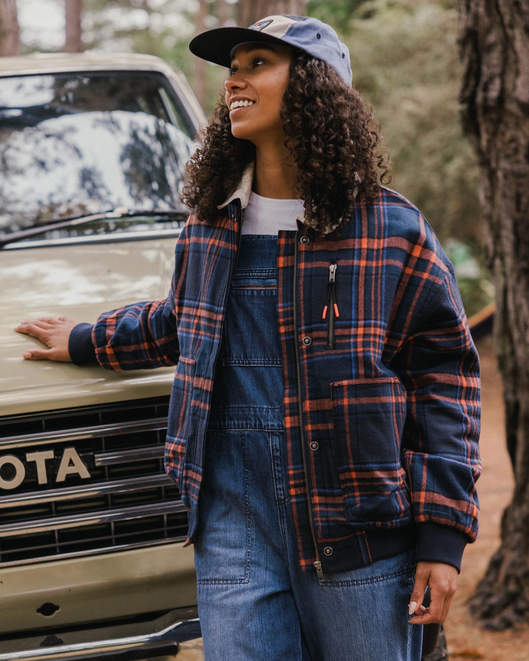 On The Go Insulated Bomber Jacket Rich Navy/Ember Orange Check – Passenger